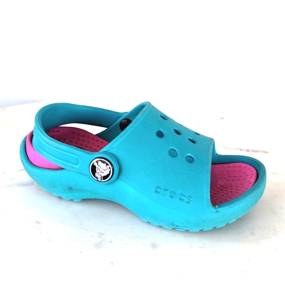 CROCS | Shoes | Crocs Kids Teal Pink Open Toe Slide Sandals | Poshmark